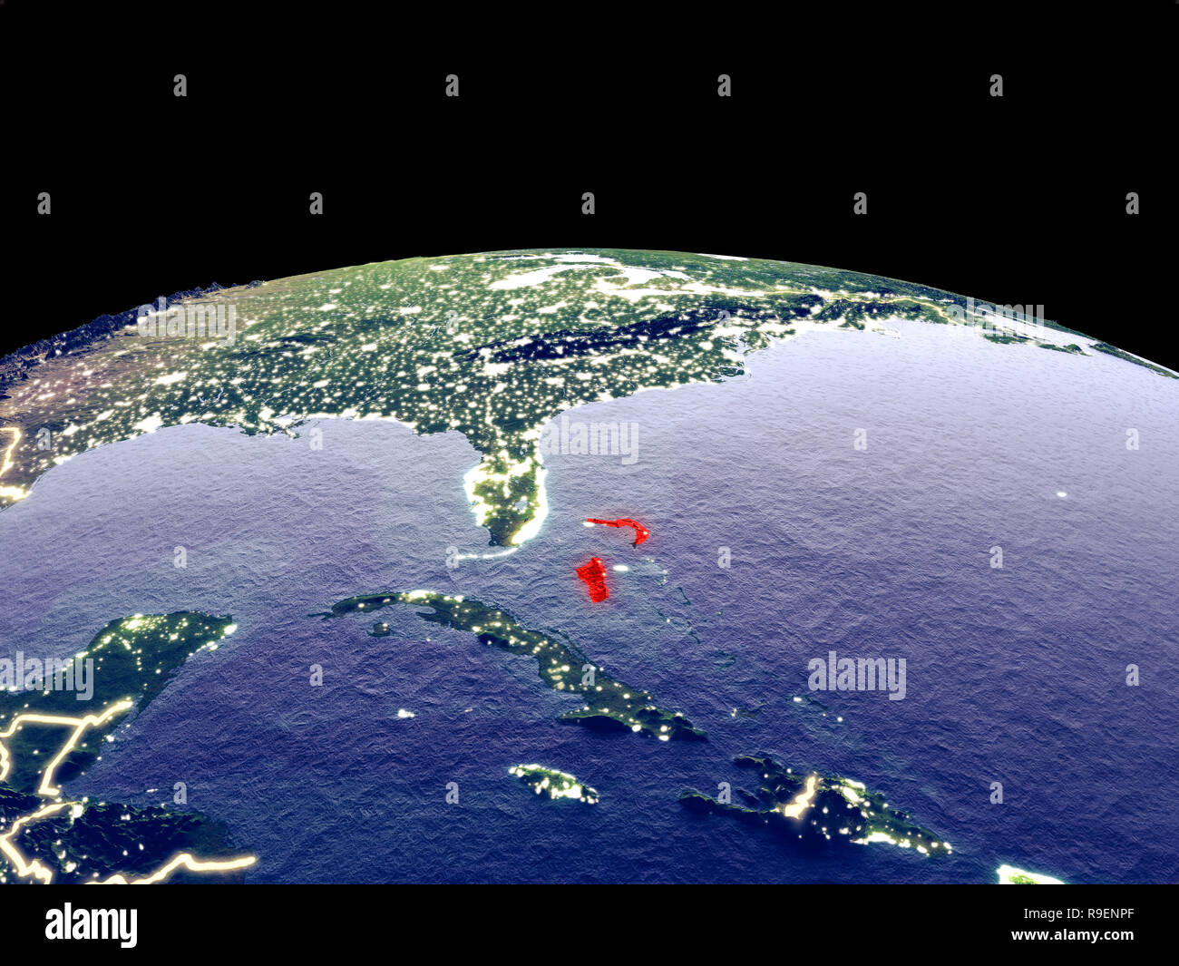 Bahamas from space on planet Earth at night with bright city lights ...
