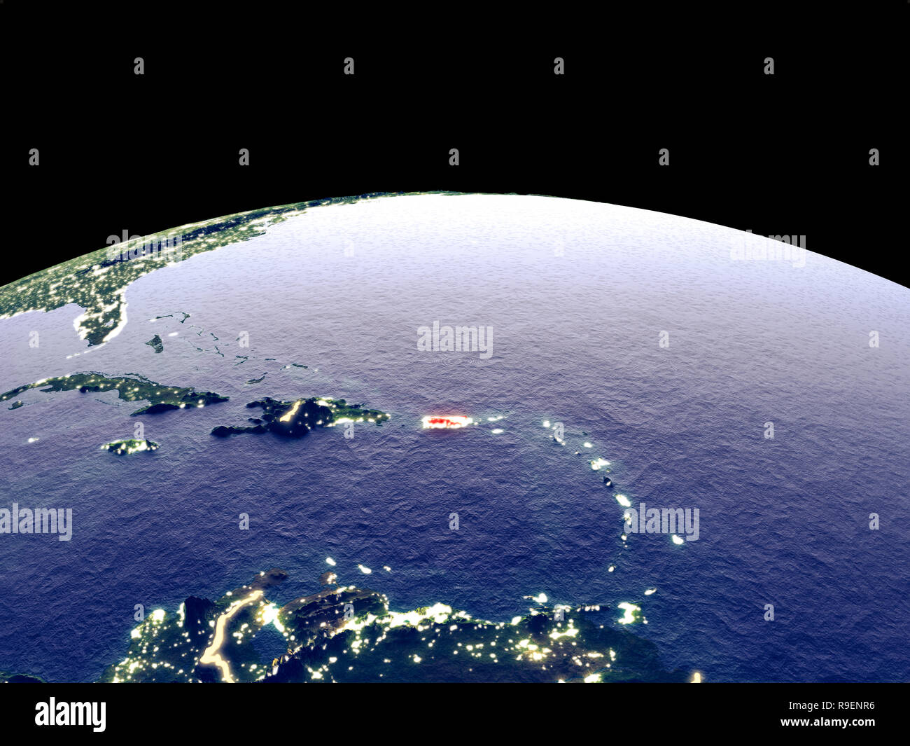 Puerto Rico from space on planet Earth at night with bright city lights ...