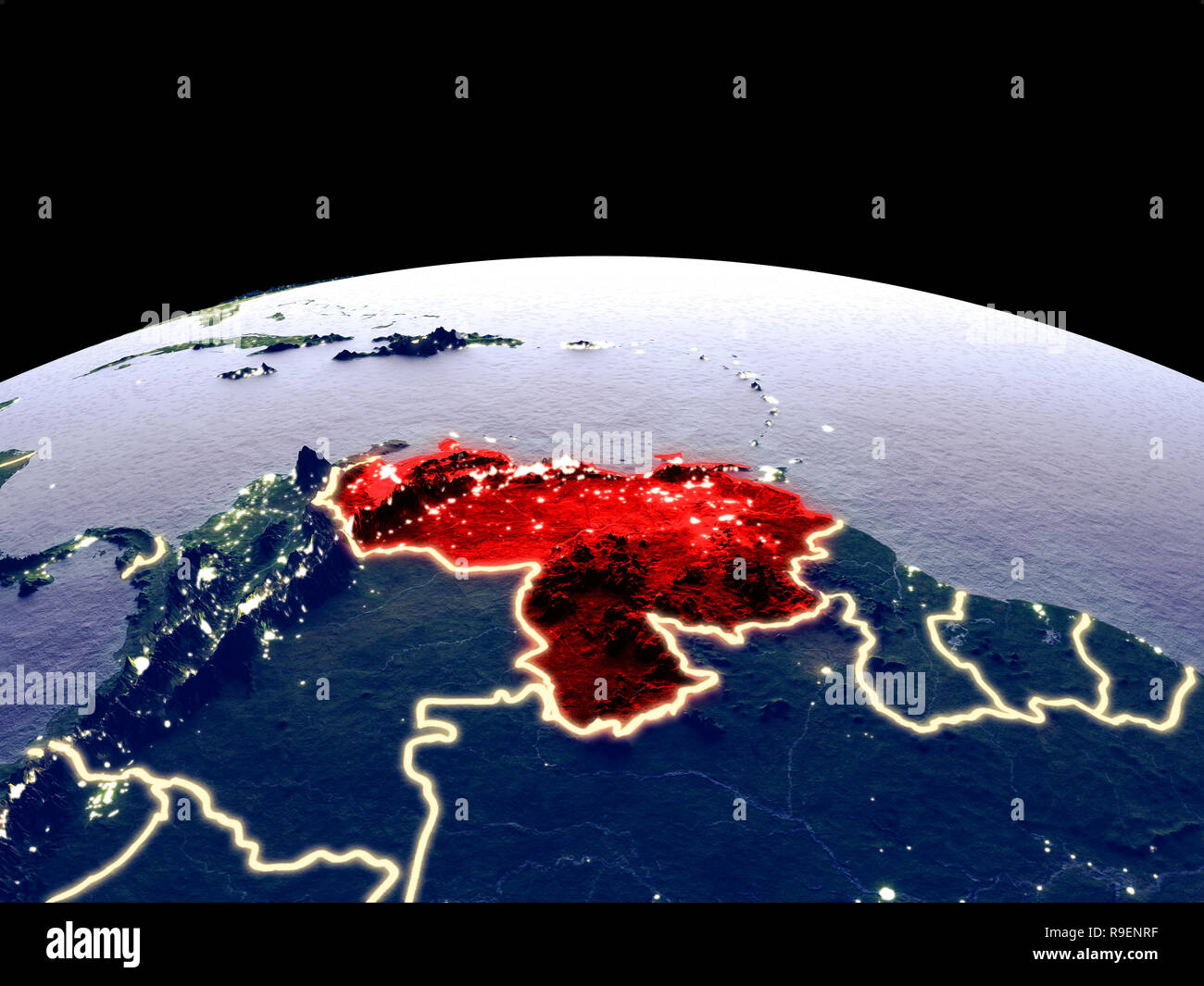 Venezuela from space on planet Earth at night with bright city lights ...