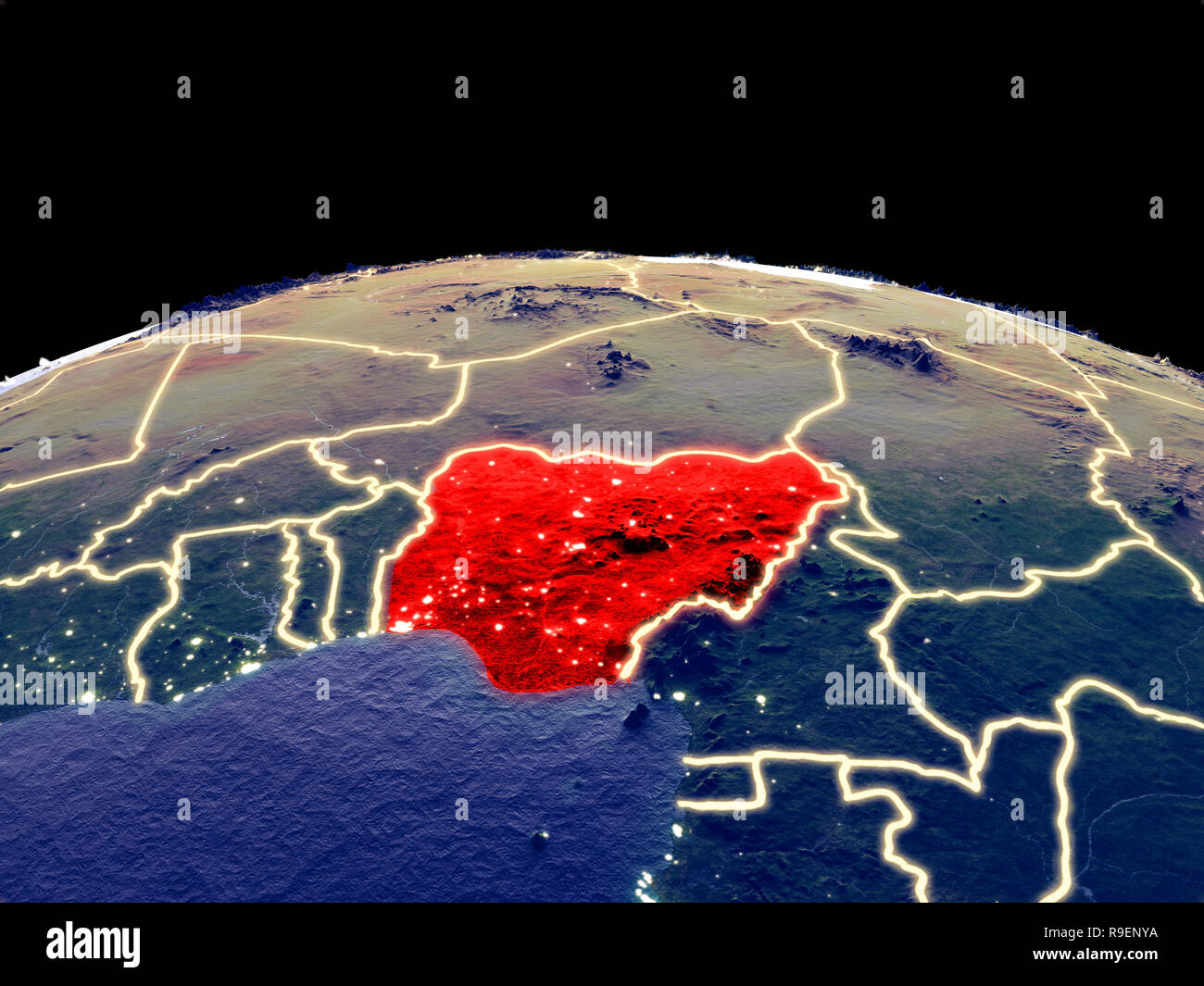 Nigeria from space on planet Earth at night with bright city lights ...