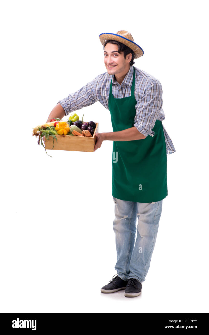 Young farmer with fresh produce isolated on white background Stock ...
