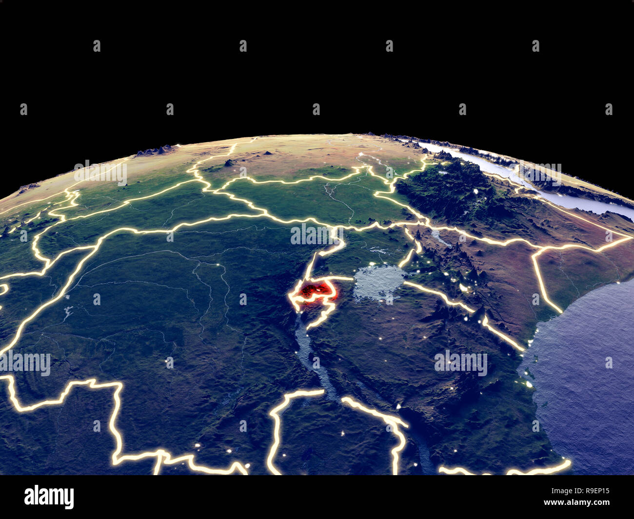 Rwanda from space on planet Earth at night with bright city lights ...