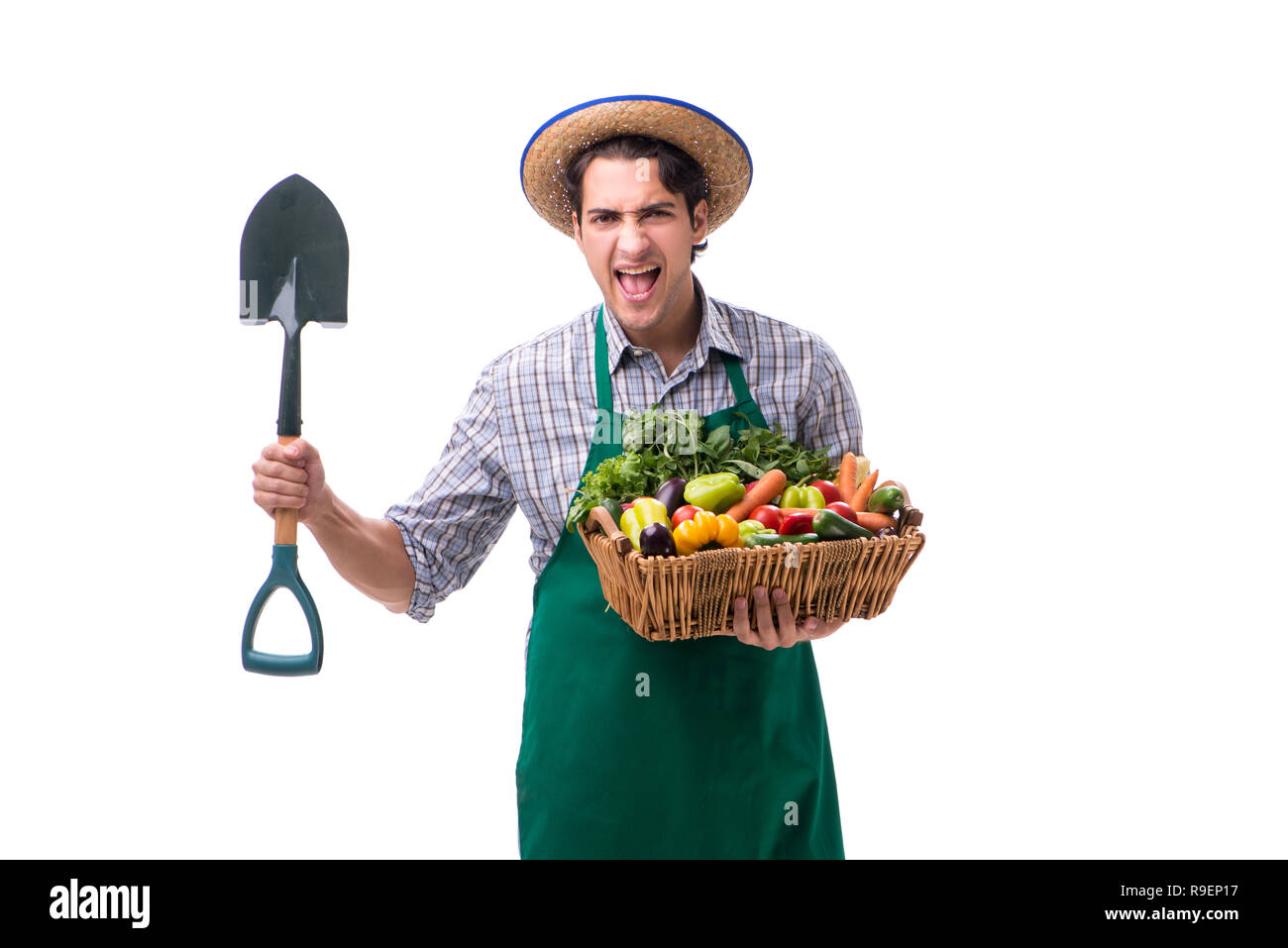 Young farmer with fresh produce isolated on white background Stock ...