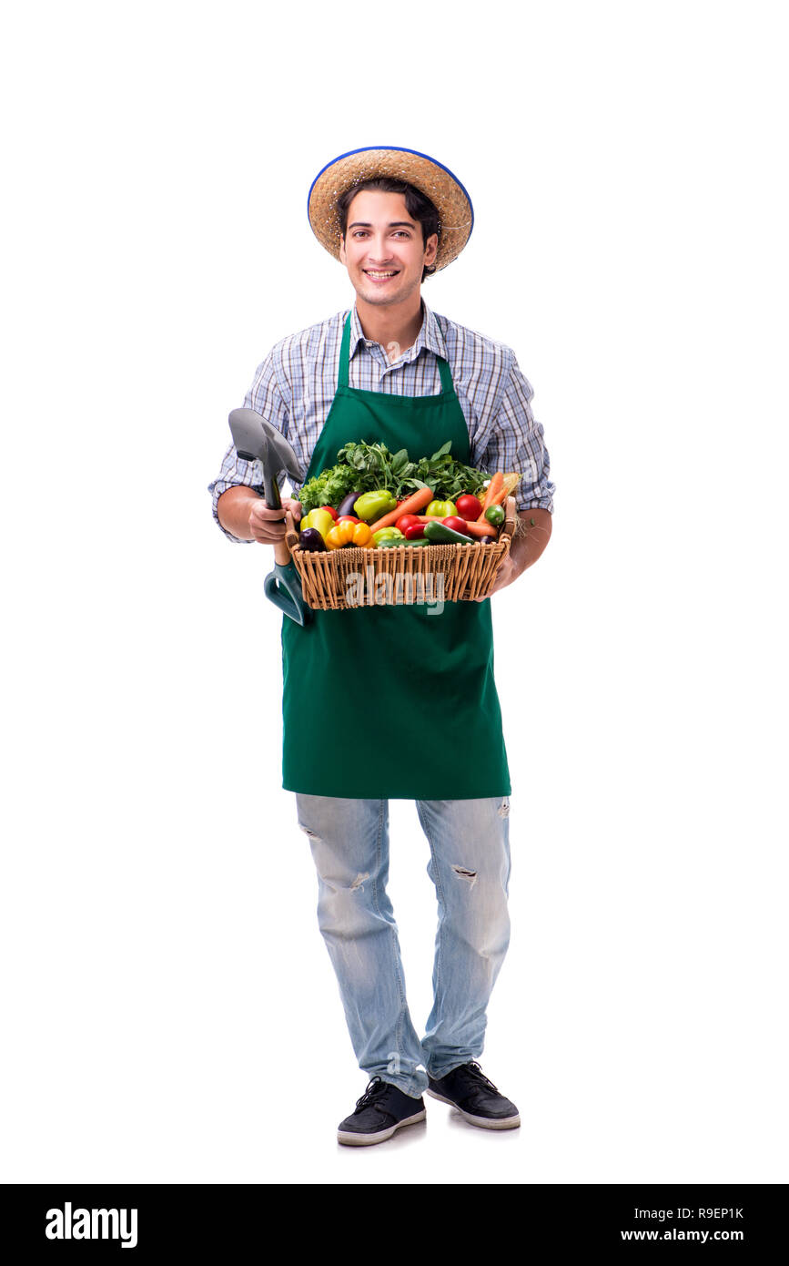 Young farmer with fresh produce isolated on white background Stock ...