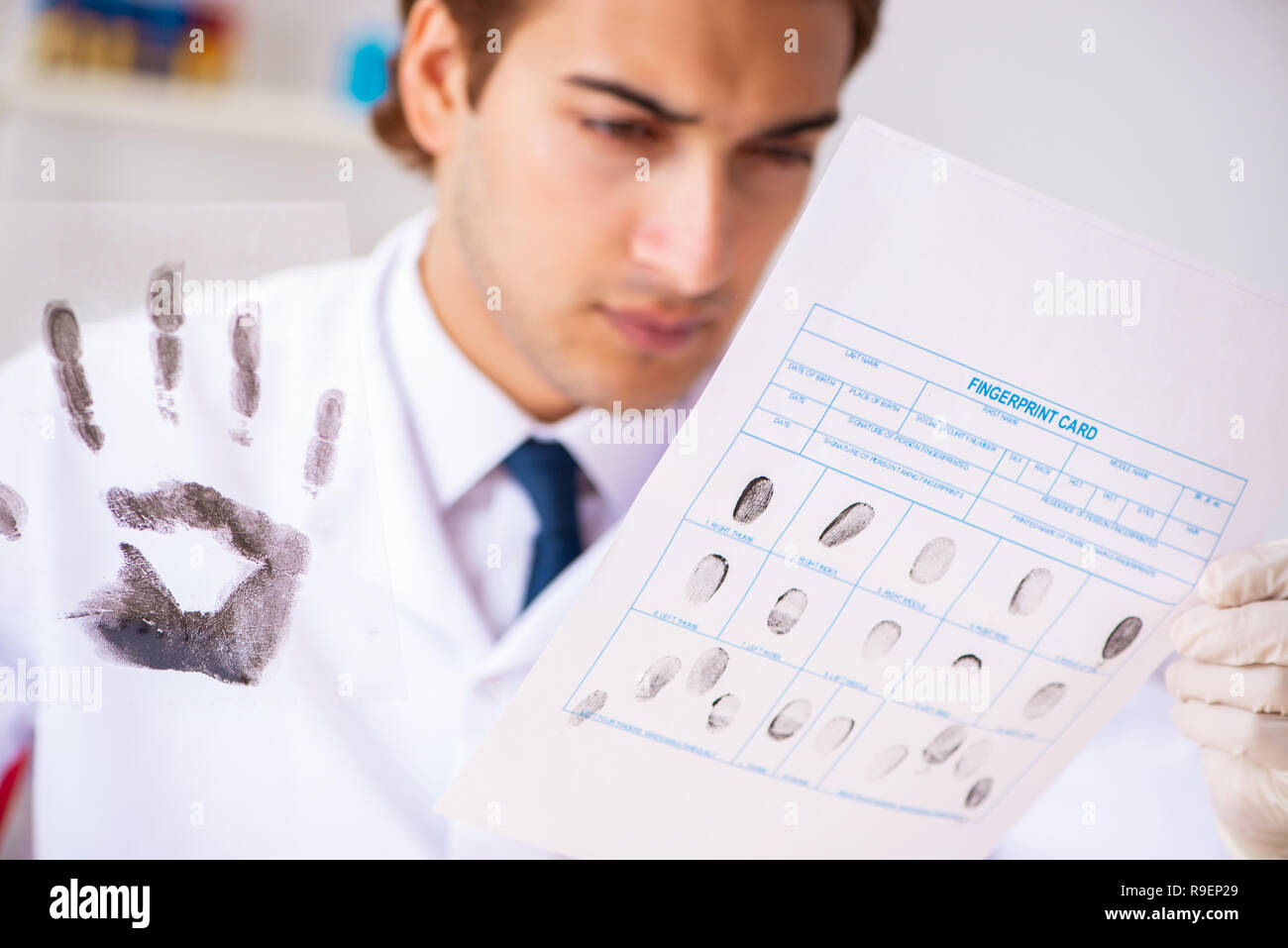 Forensic expert studying fingerprints in the lab Stock Photo - Alamy