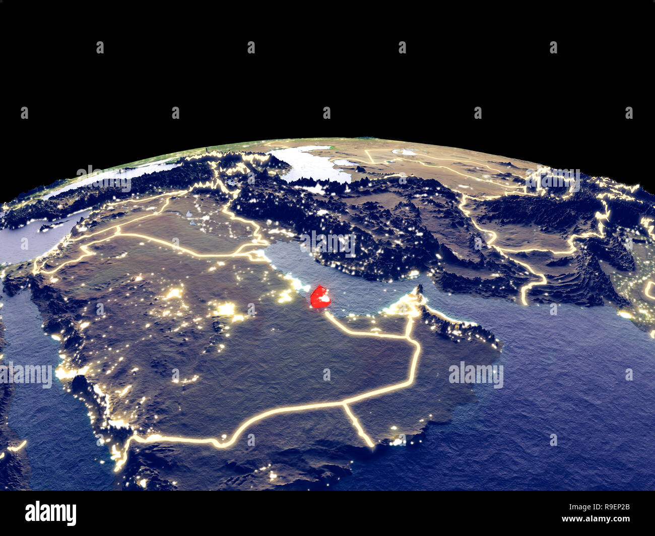 Qatar from space on planet Earth at night with bright city lights ...