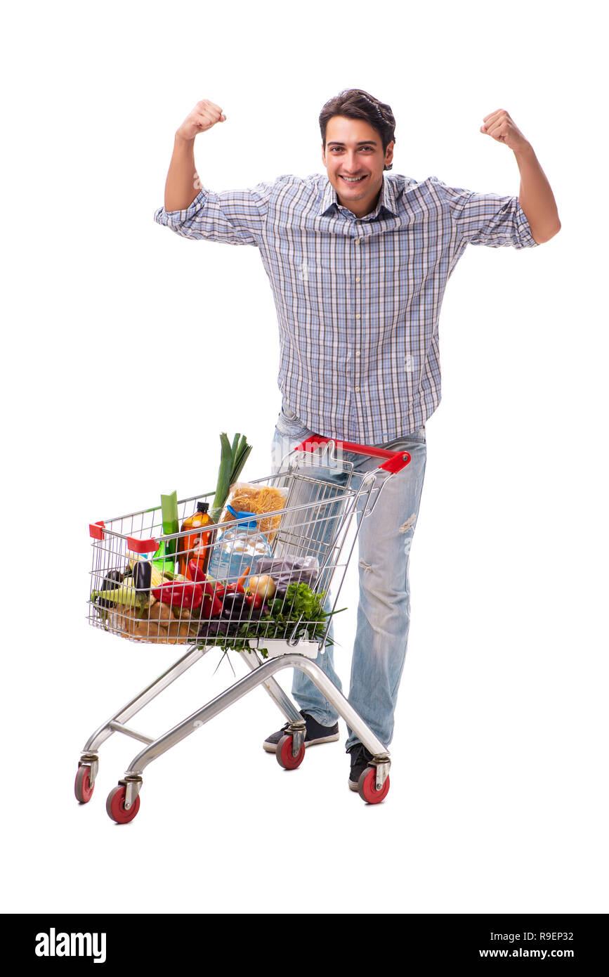 Young man with supermarket cart trolley on white Stock Photo - Alamy