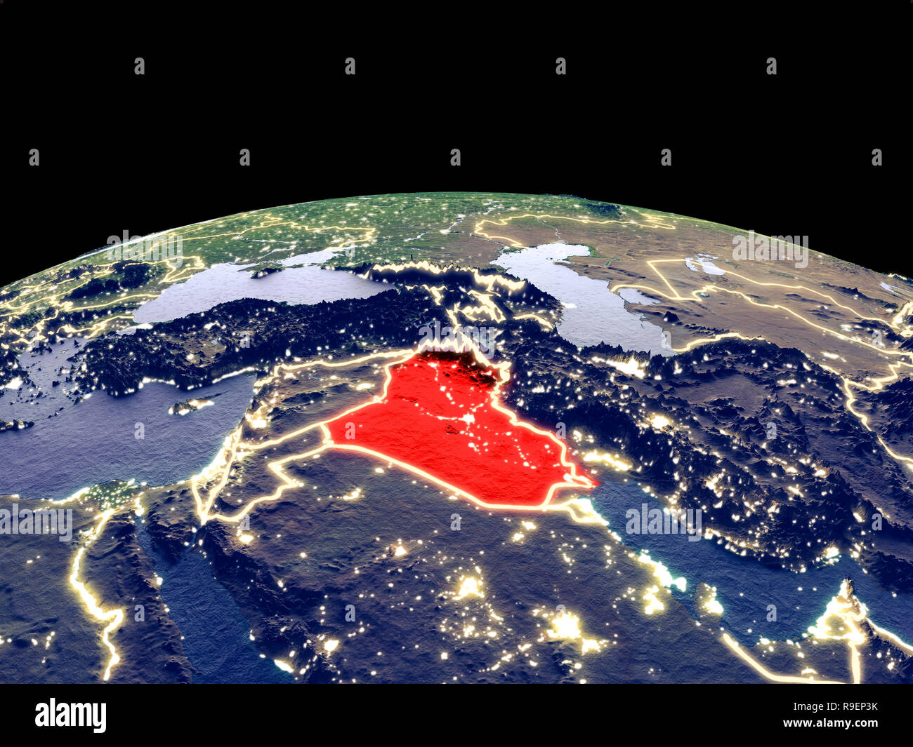 Iraq from space on planet Earth at night with bright city lights ...