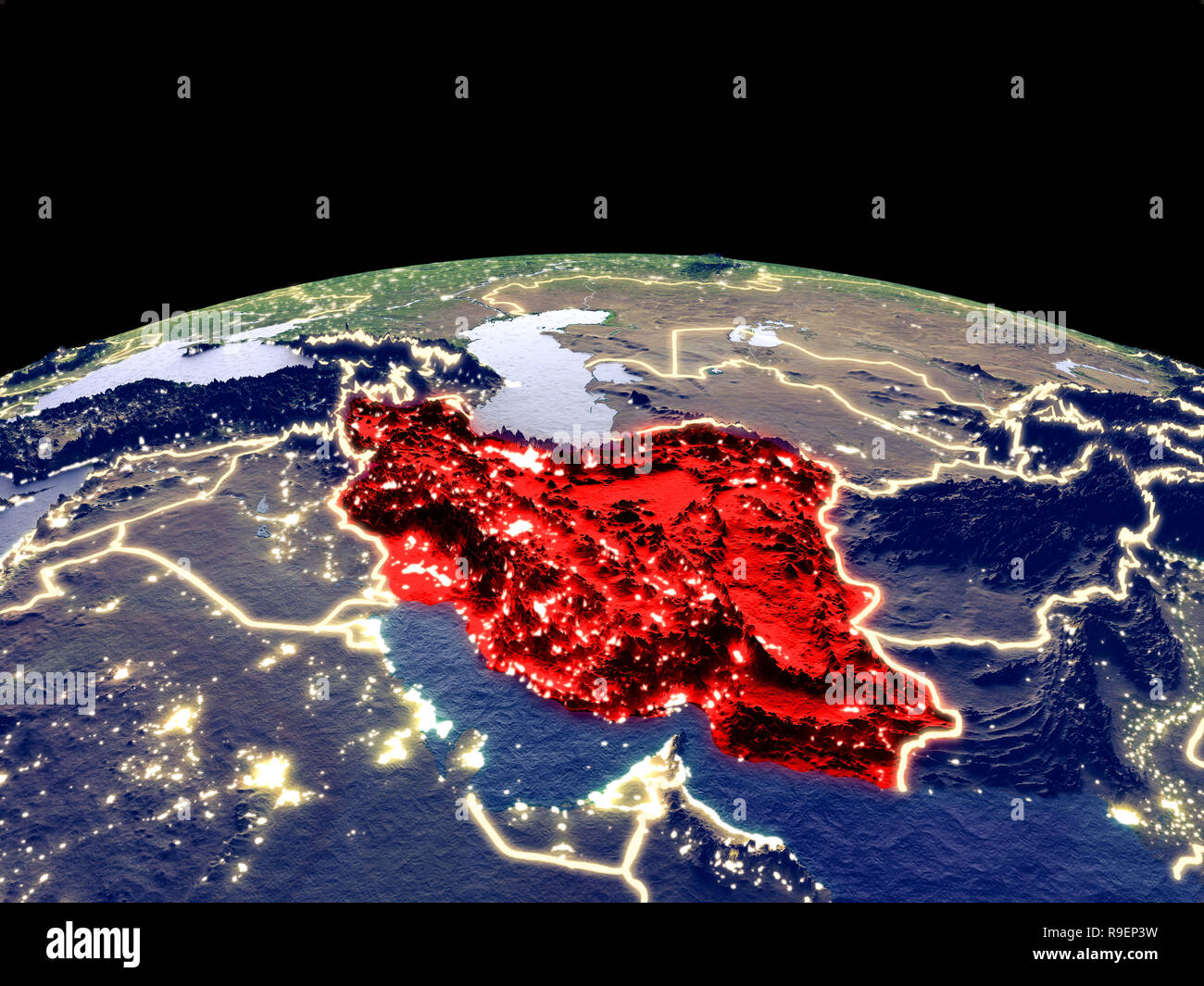 Iran from space on planet Earth at night with bright city lights ...