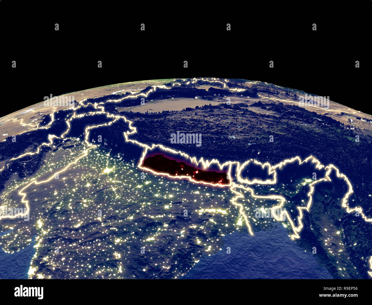 Nepal from space on planet Earth at night with bright city lights ...