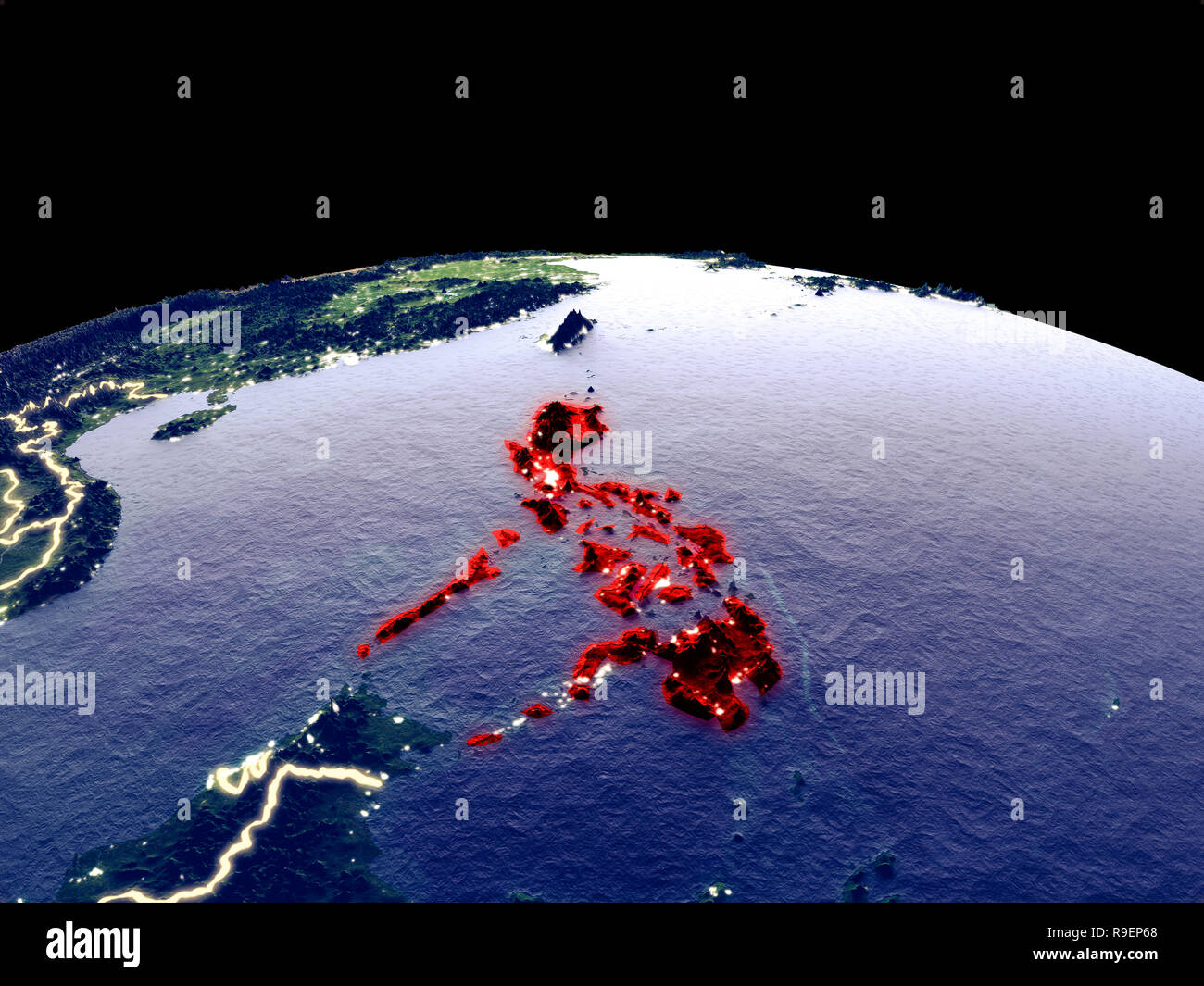 Philippines from space on planet Earth at night with bright city lights ...