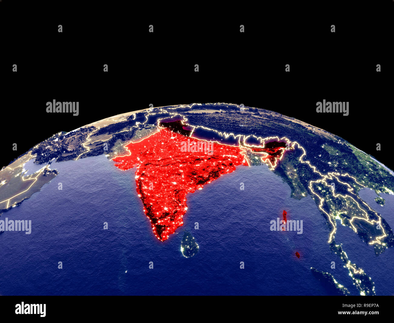 India from space on planet Earth at night with bright city lights ...