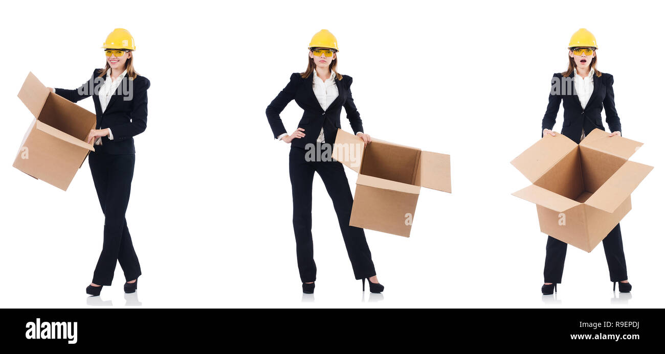 Woman builder with box isolated on white Stock Photo - Alamy