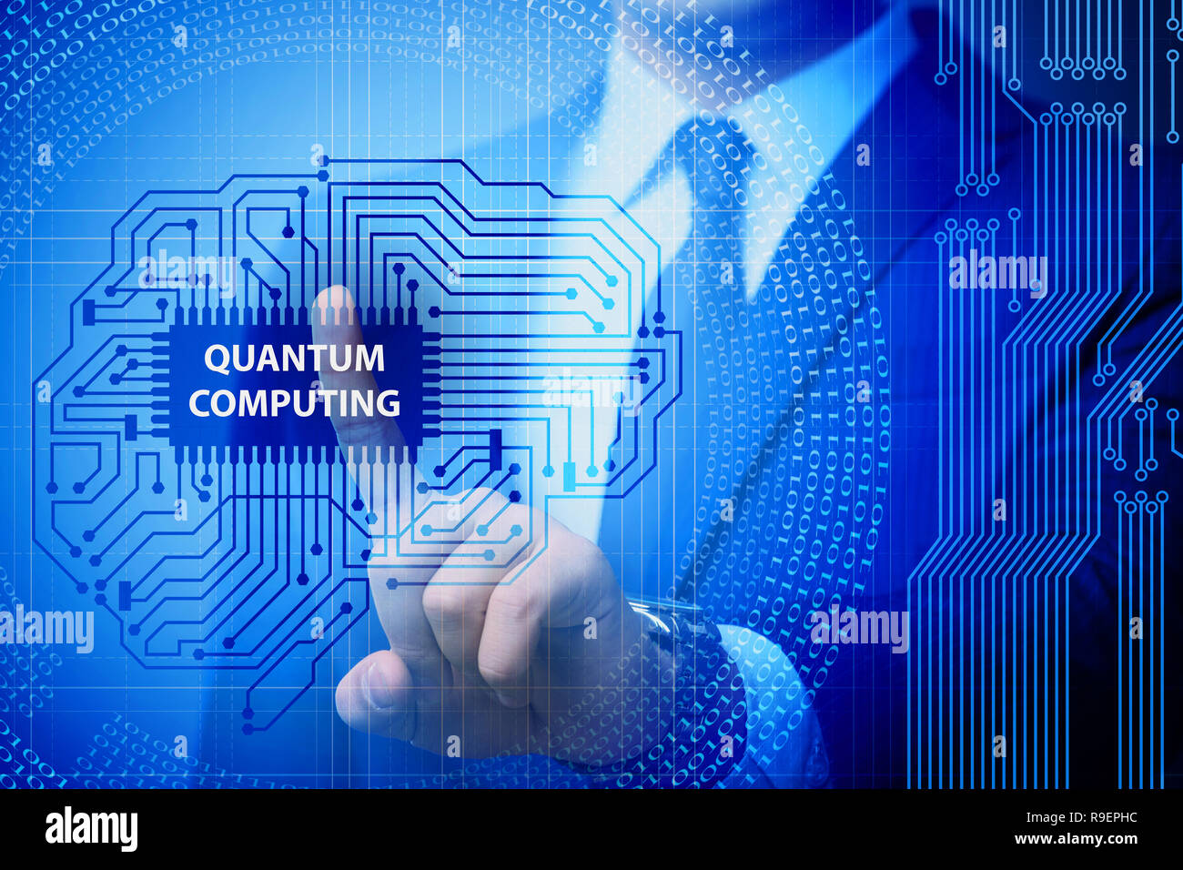 Businessman pressing virtual button in quantum computing concept Stock ...