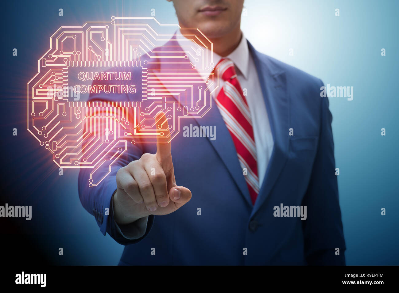 Businessman pressing virtual button in quantum computing concept Stock ...