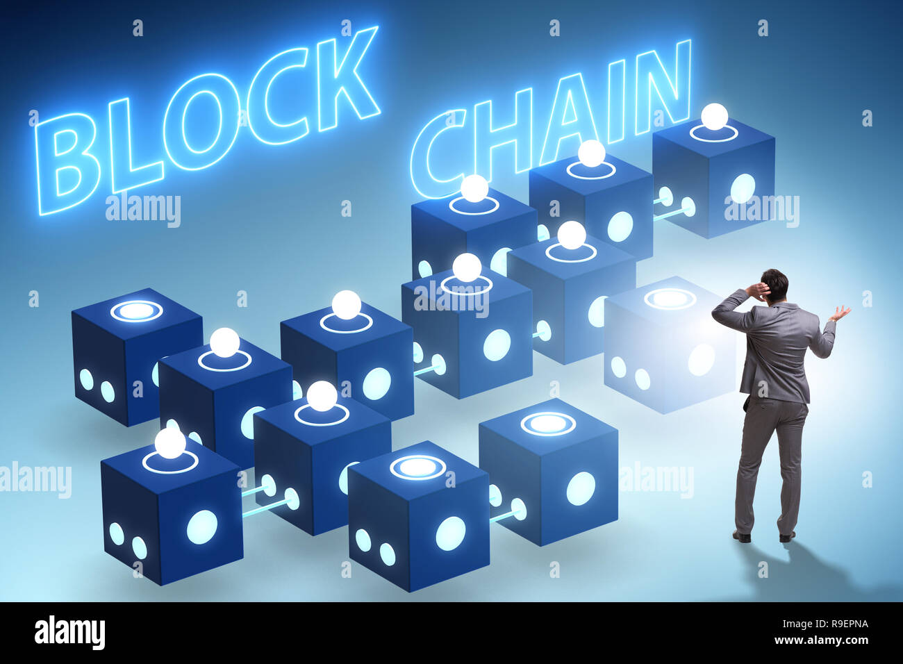 Blockchain innovative concept with businessman Stock Photo - Alamy
