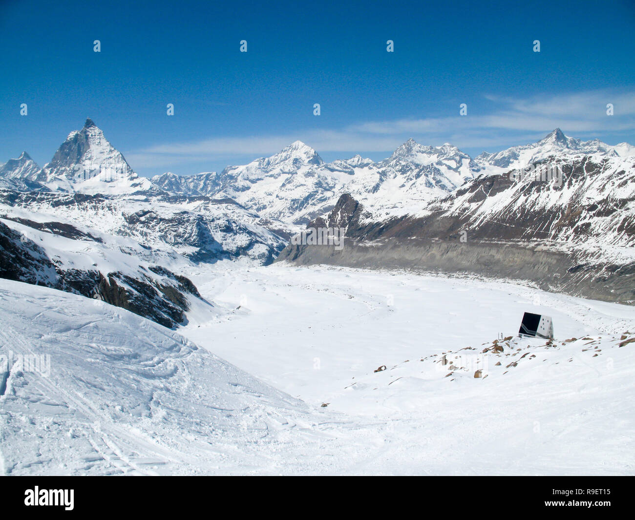 horizontal view of the Monte Rosa mountain hut with the famous ...