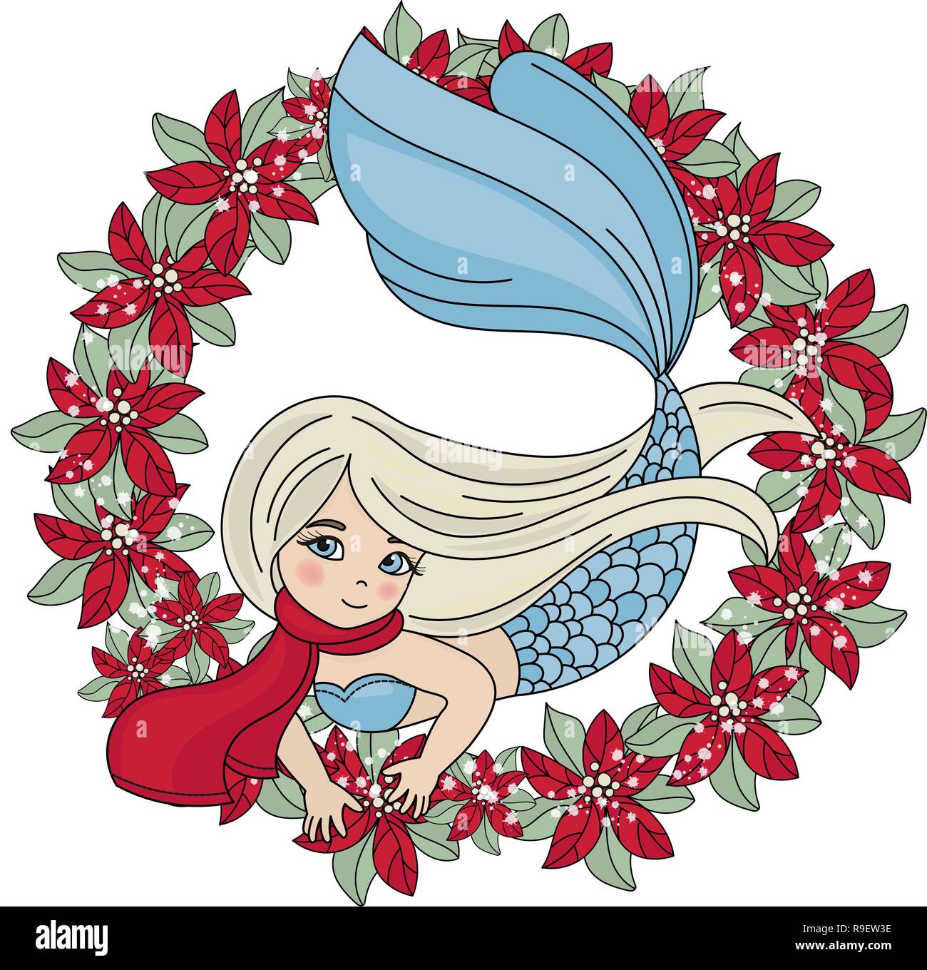 MERMAID CHRISTMAS PORTRAIT New Year Color Vector Illustration Set for ...