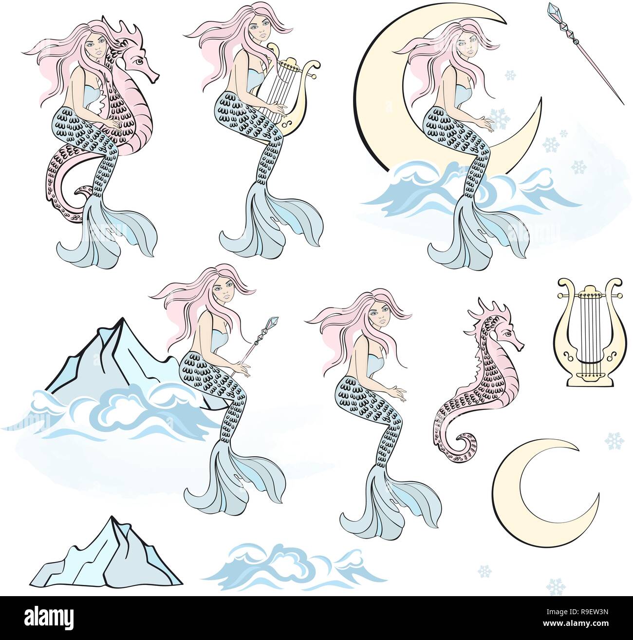 Merry Christmas Sea Ocean Color Vector Illustration WINTER MERMAID ...