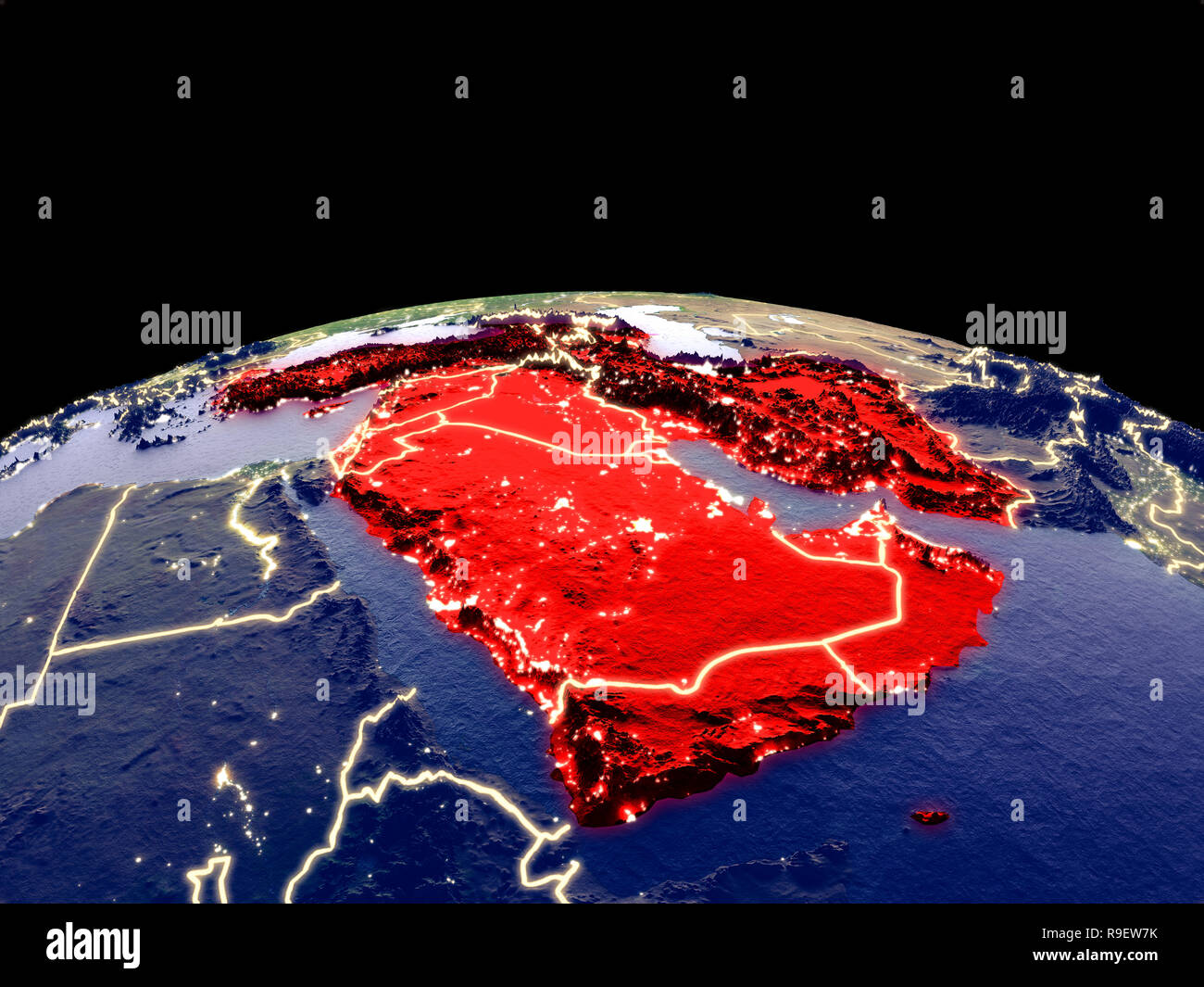 Western Asia from space on planet Earth at night with bright city ...