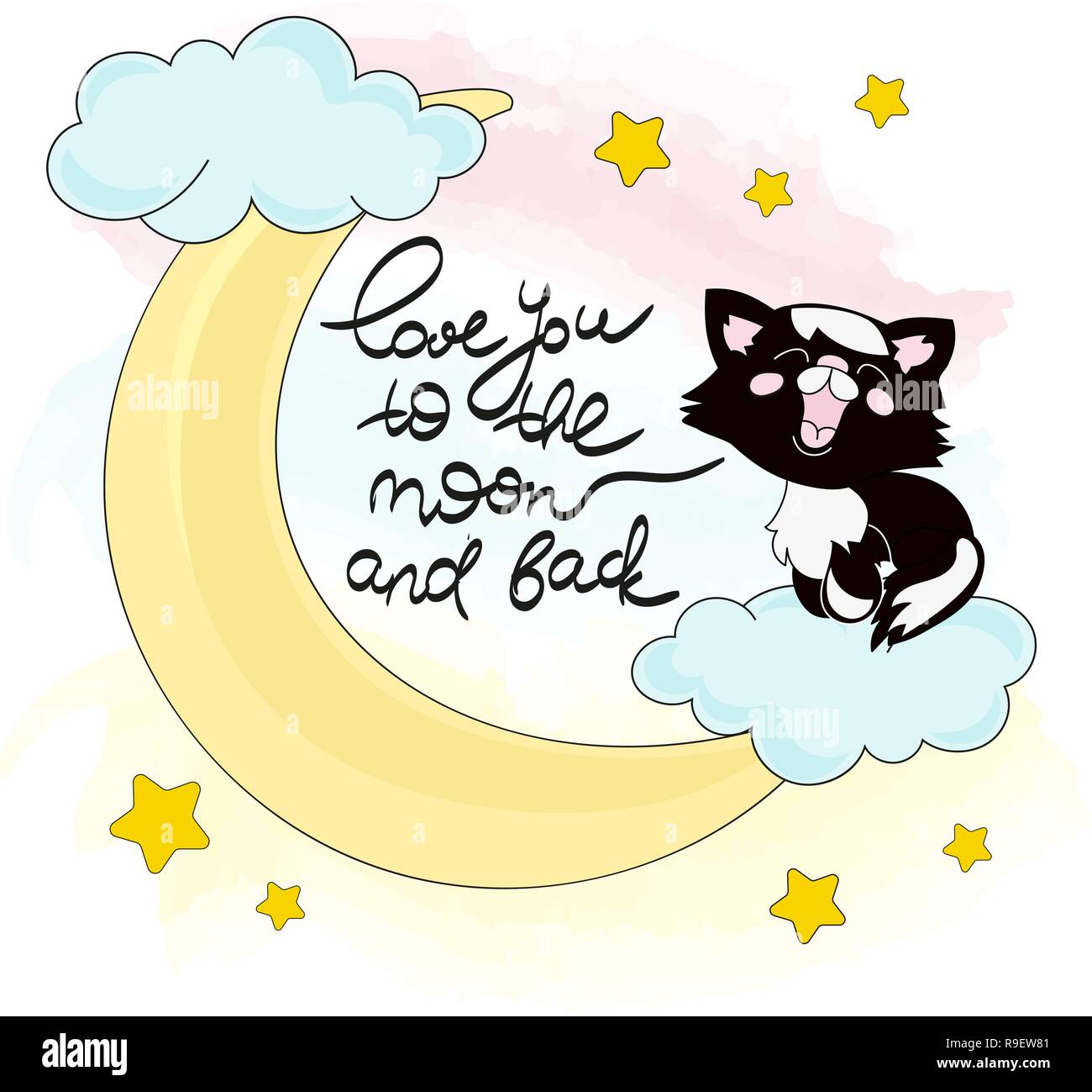MOON KITTY Color Vector Illustration Set for Scrapbooking and Digital ...
