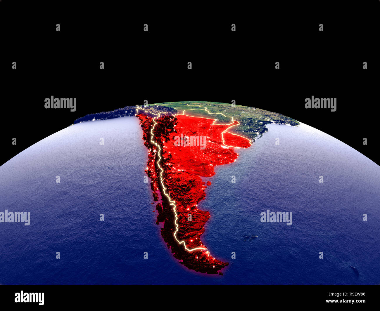 Southern Cone from space on planet Earth at night with bright city ...