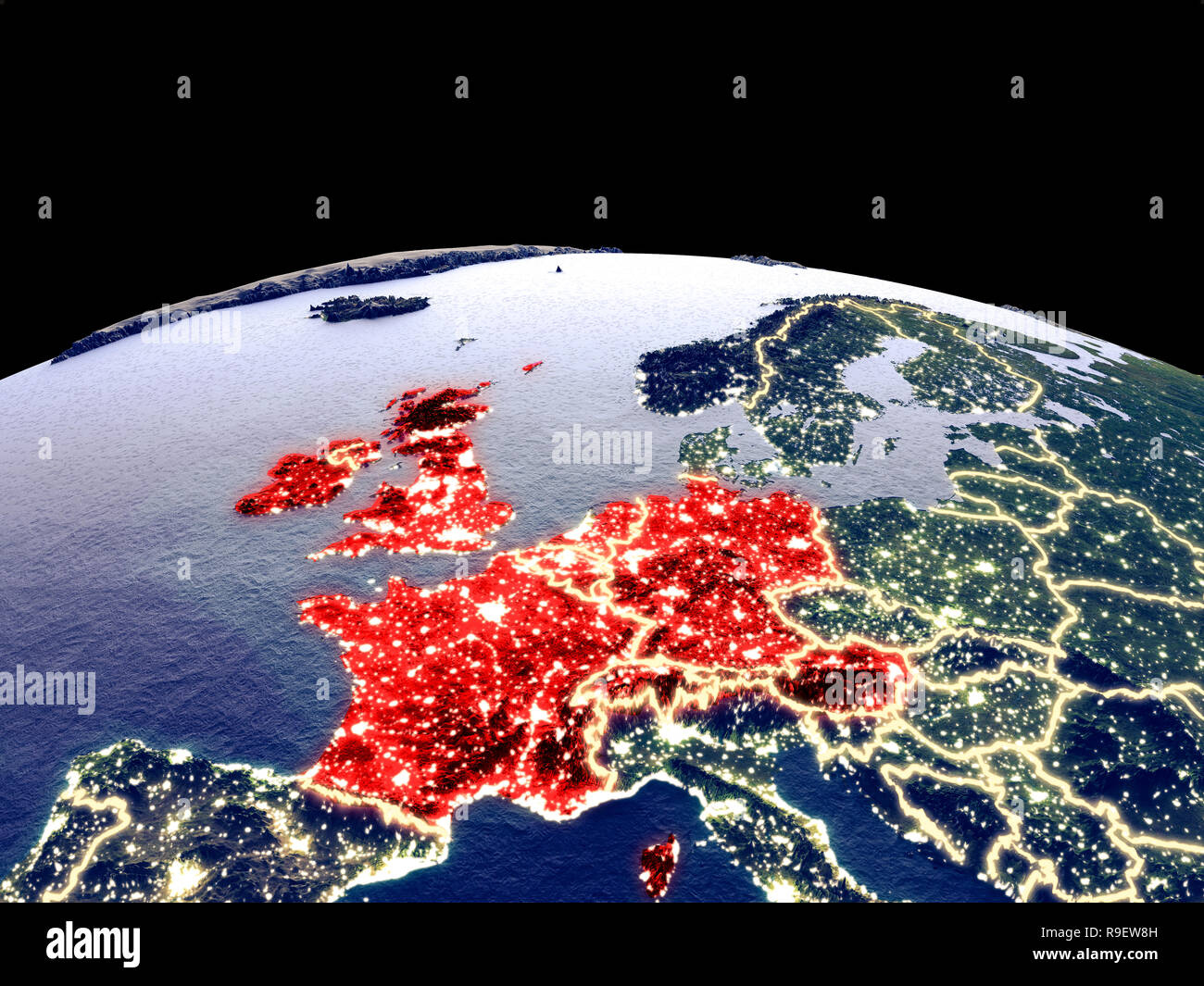 Western Europe From Space On Planet Earth At Night With Bright City