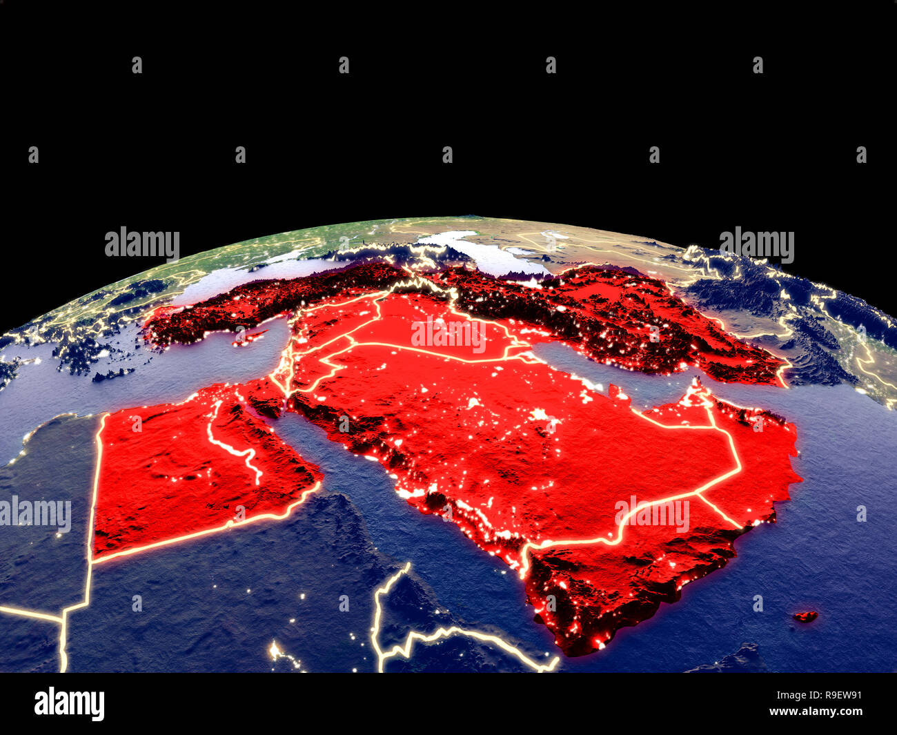 Middle East from space on planet Earth at night with bright city lights ...