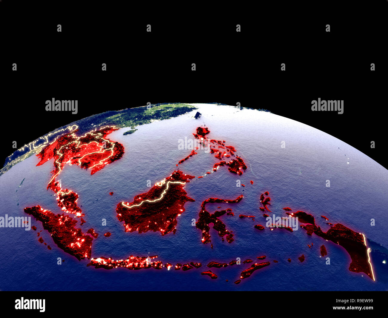 South East Asia from space on planet Earth at night with bright city ...