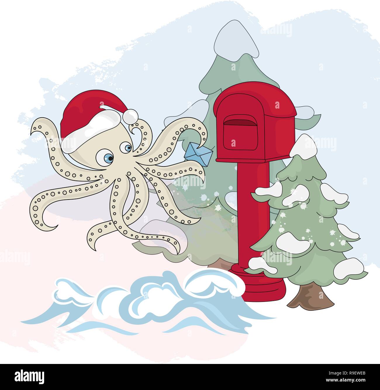 OCTOPUS MAIL New Year Color Vector Illustration Set for Birthday and ...