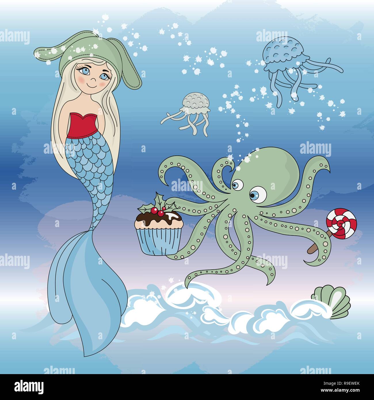 OCTOPUS REGALE MERMAID New Year Color Vector Illustration Set for ...