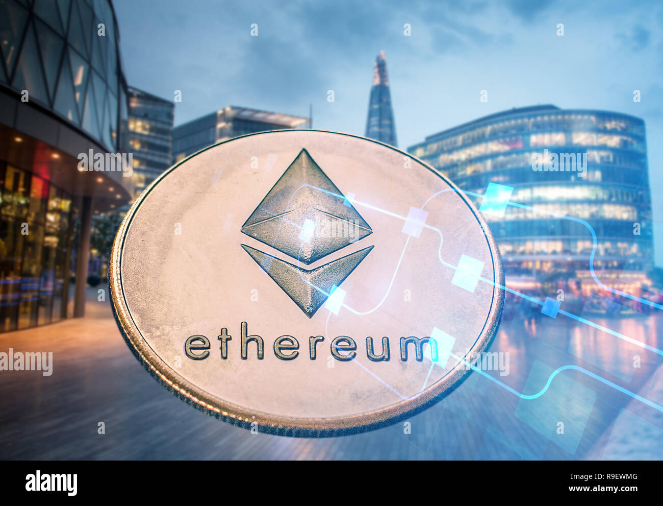 ethereum against skyscrapers - futuristic smart city - cryptocurrency ...