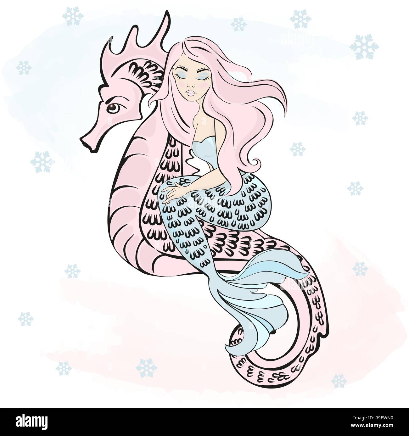 Winter Christmas Sea Ocean Color Vector Illustration SLEEPING MERMAID ...