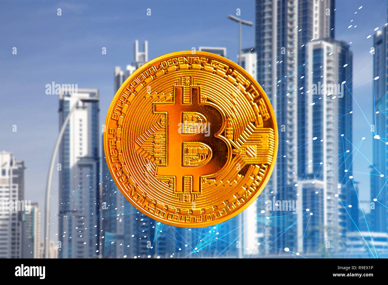 bitcoin against skyscrapers - futuristic smart city - cryptocurrency ...