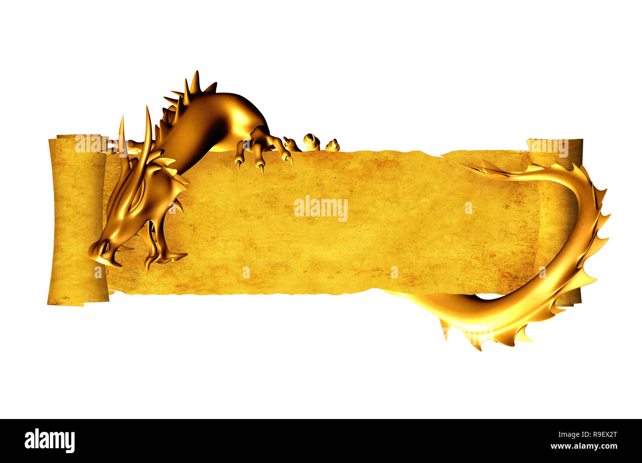 Dragon and scroll of old parchment. Object isolated over white Stock ...
