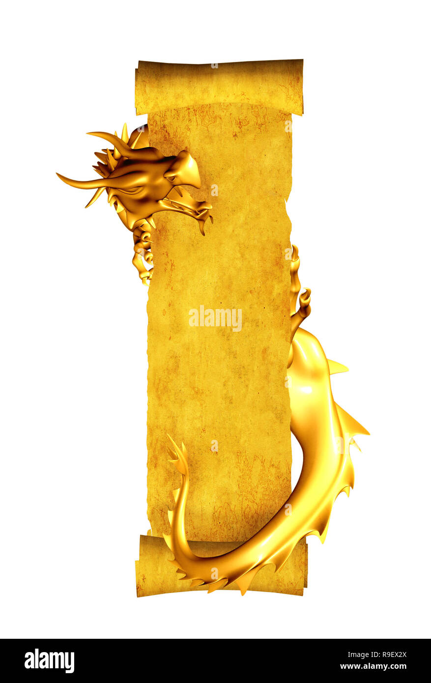Dragon and scroll of old parchment. Object isolated over white Stock ...
