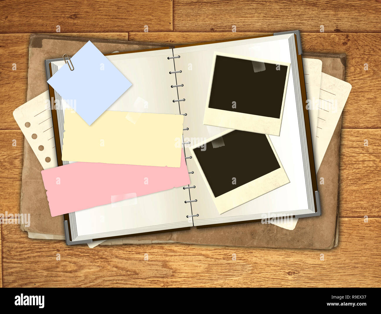 Grunge background with notebook and photos Stock Photo - Alamy