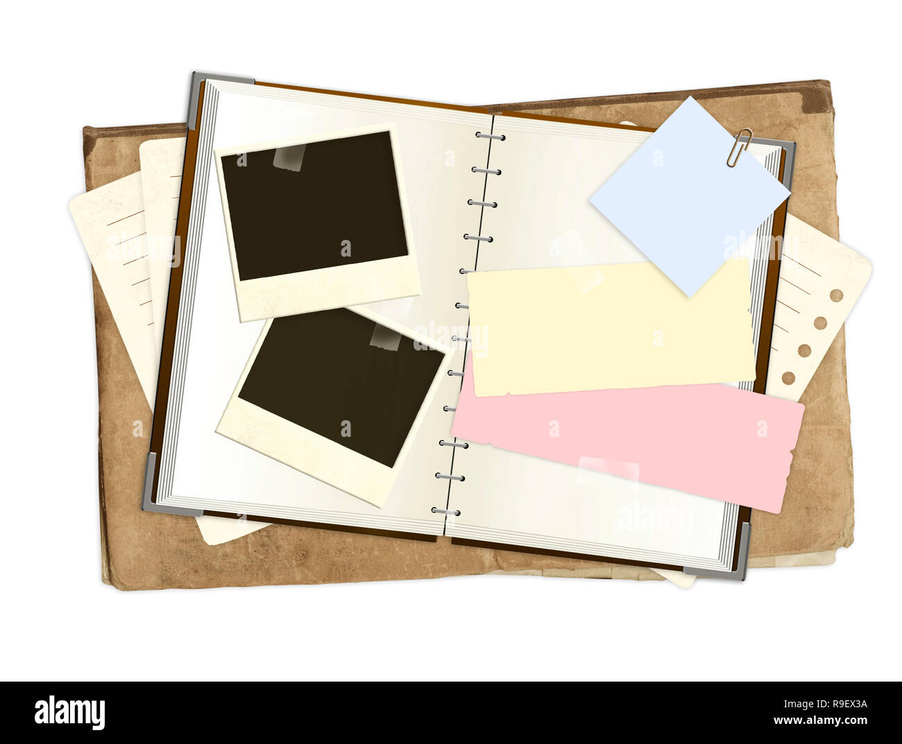 Grunge background with notebook and photos Stock Photo - Alamy