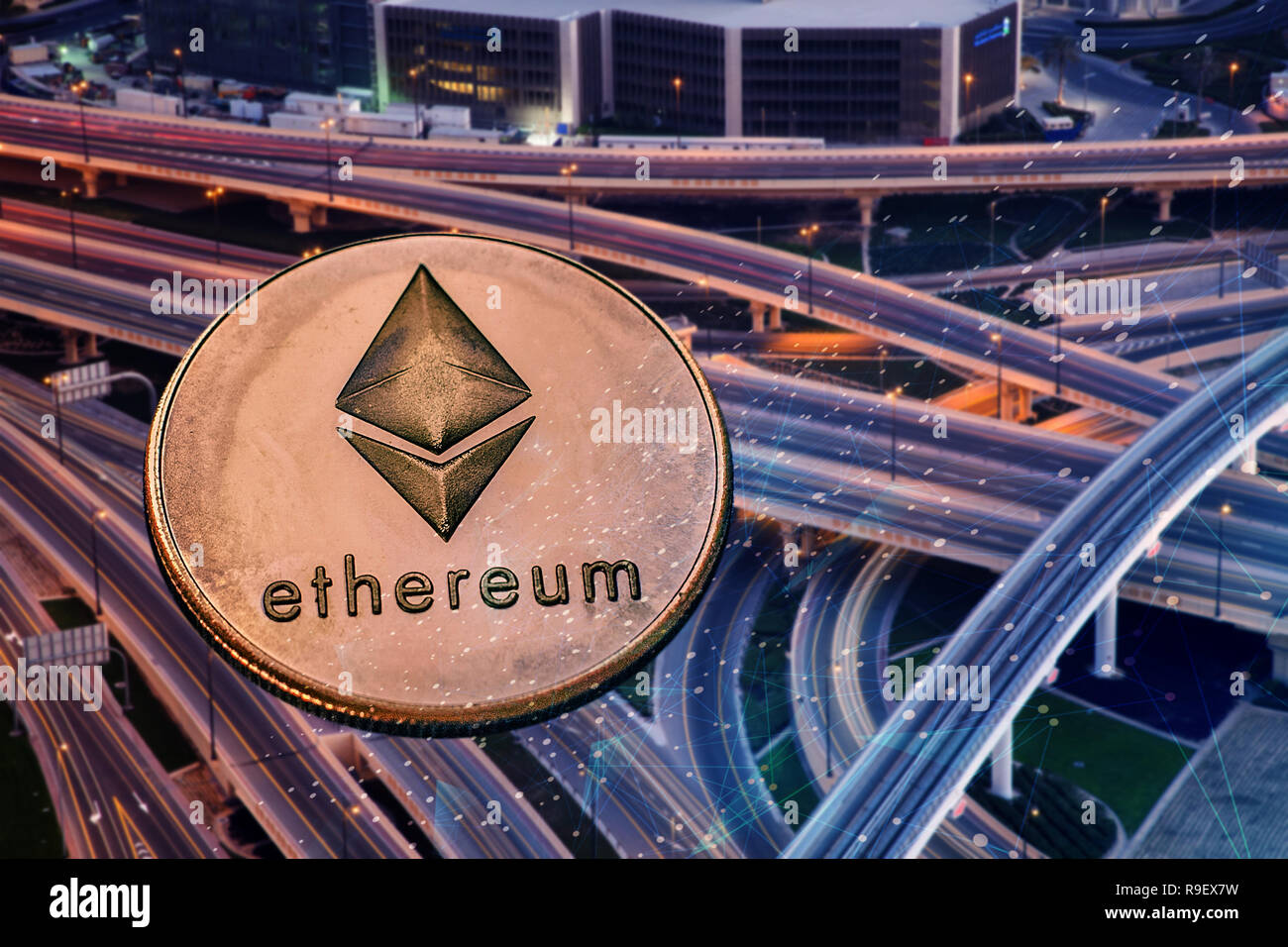 ethereum against skyscrapers - futuristic smart city - cryptocurrency ...