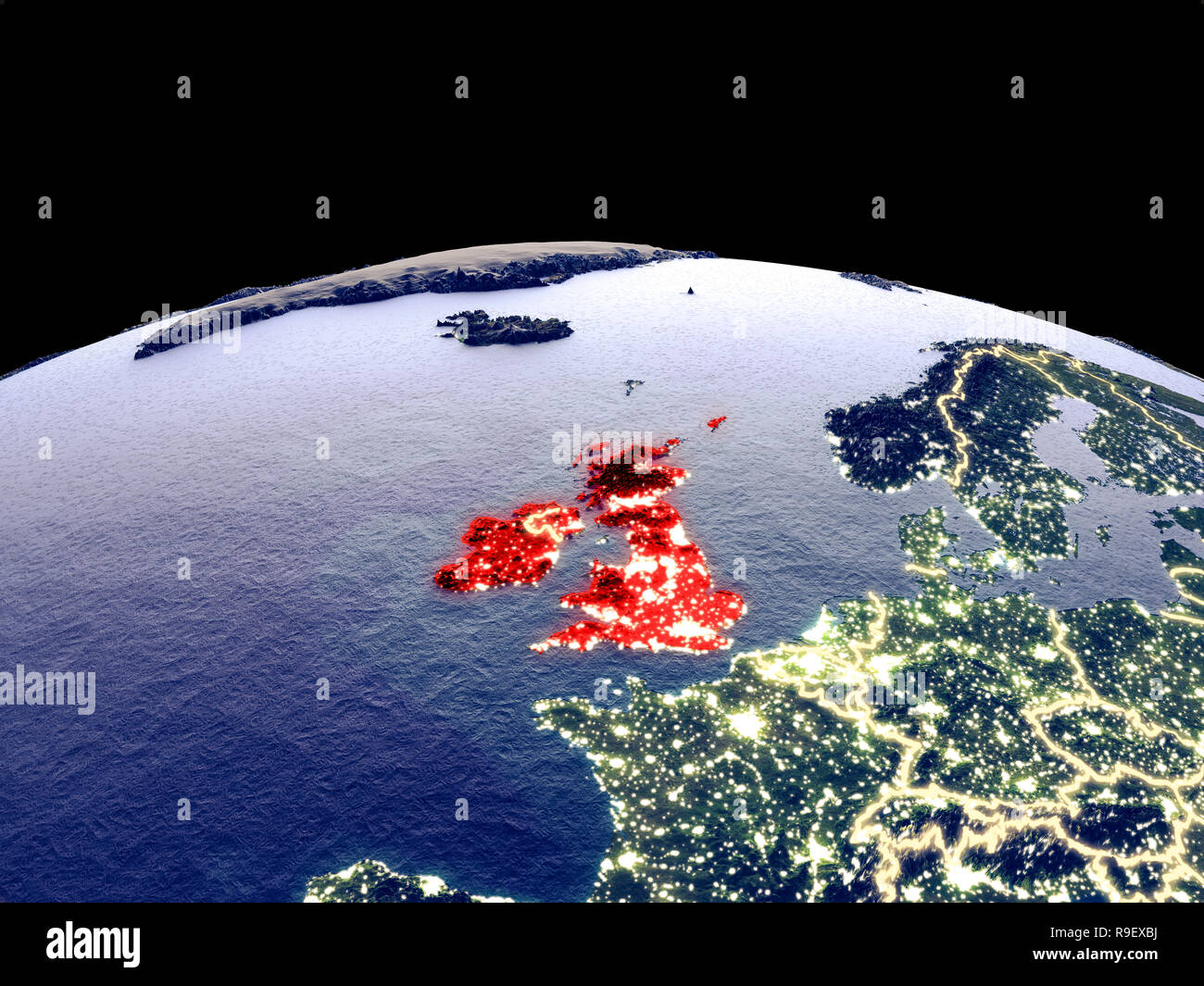 British Isles from space on planet Earth at night with bright city ...
