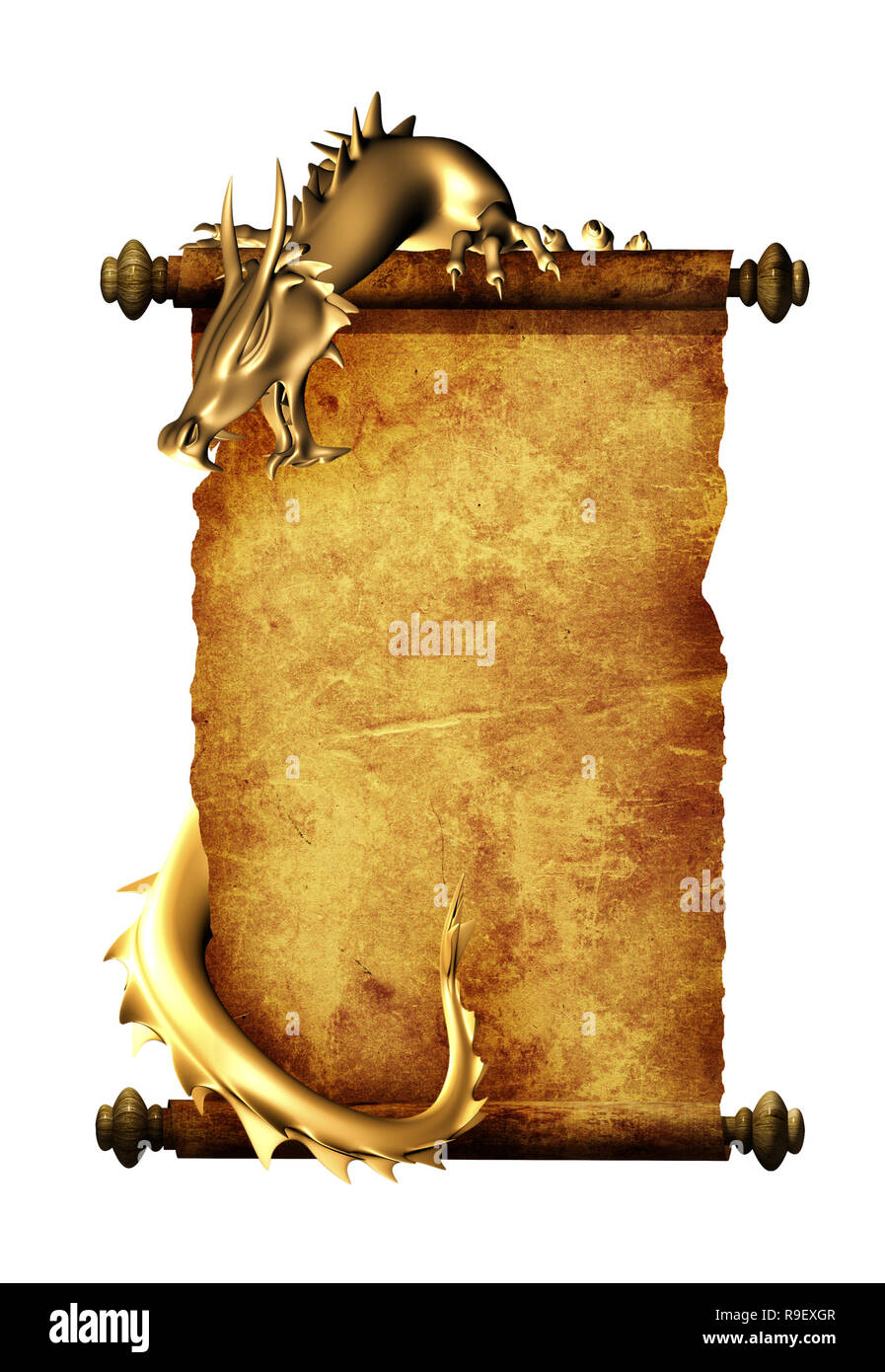 Dragon and scroll of old parchment. Object isolated over white Stock ...