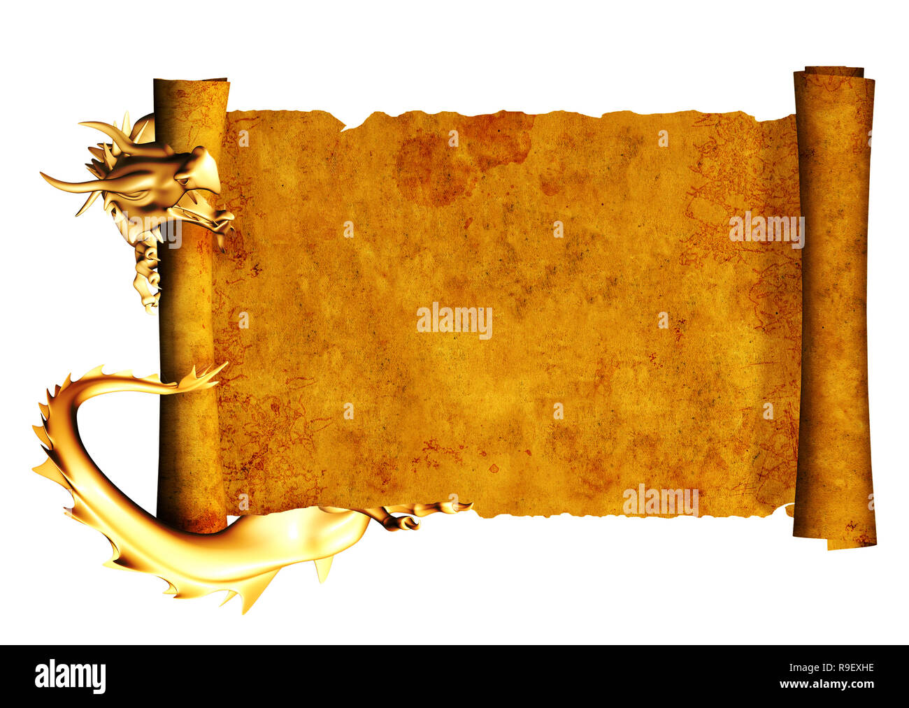 Dragon and scroll of old parchment. Object isolated over white Stock ...