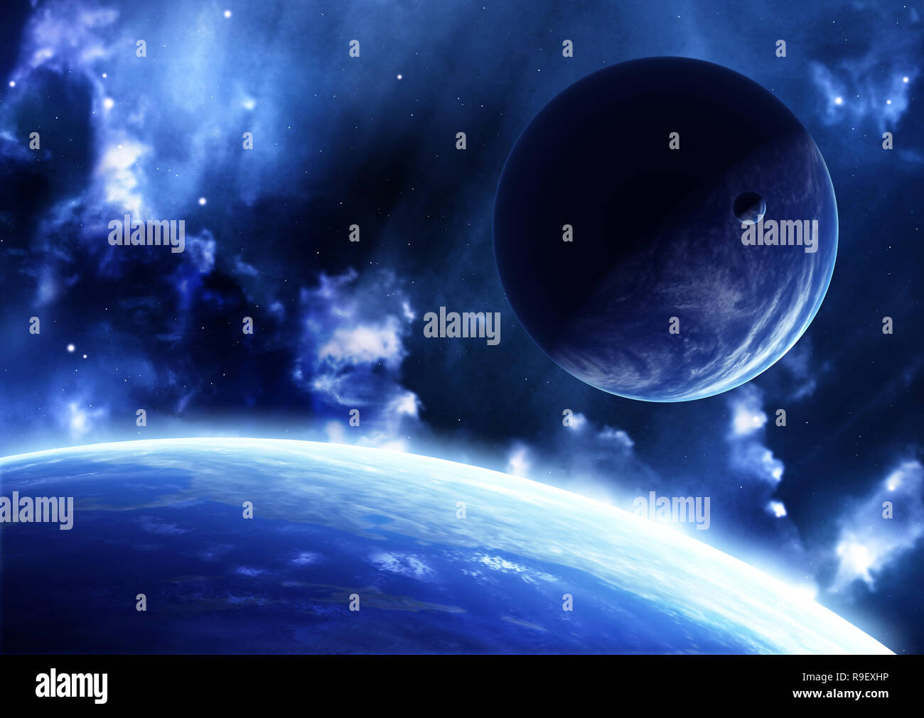 A beautiful space scene with planets and nebula Stock Photo - Alamy