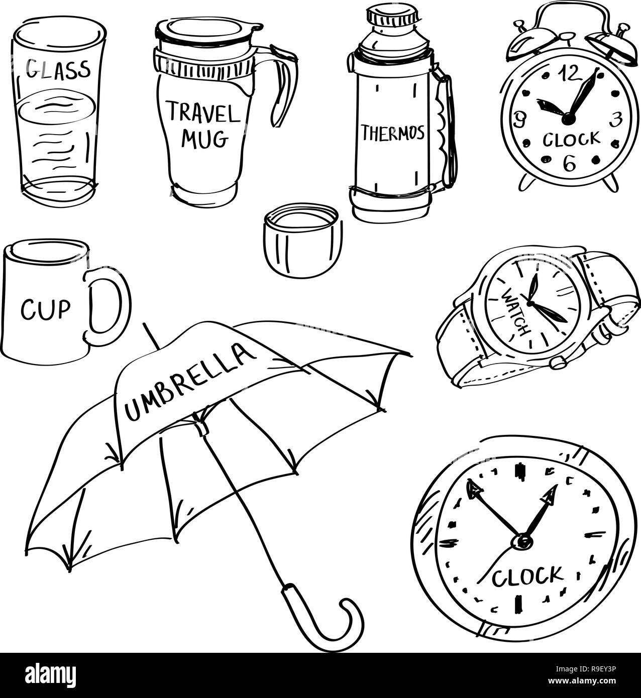 Set of hand drawn different items doodles isolated on a white ...