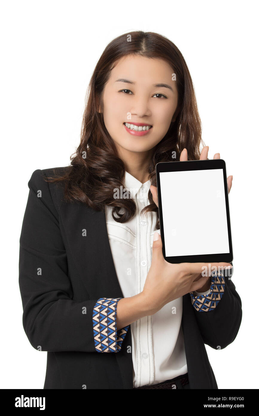 Chinese business woman holding a small tablet computer isolated on a ...