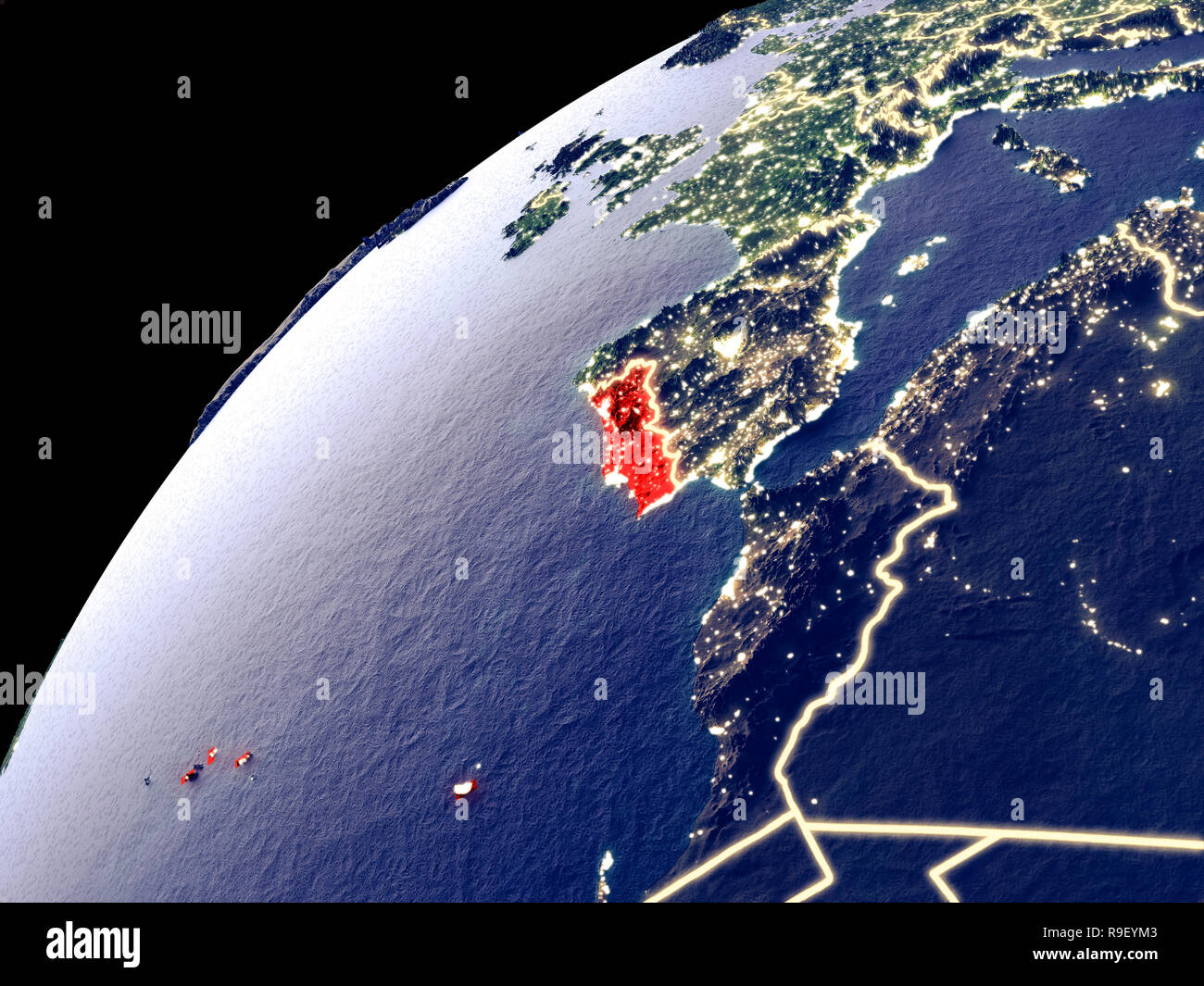 Satellite view of Portugal on Earth with city lights. Extremely ...