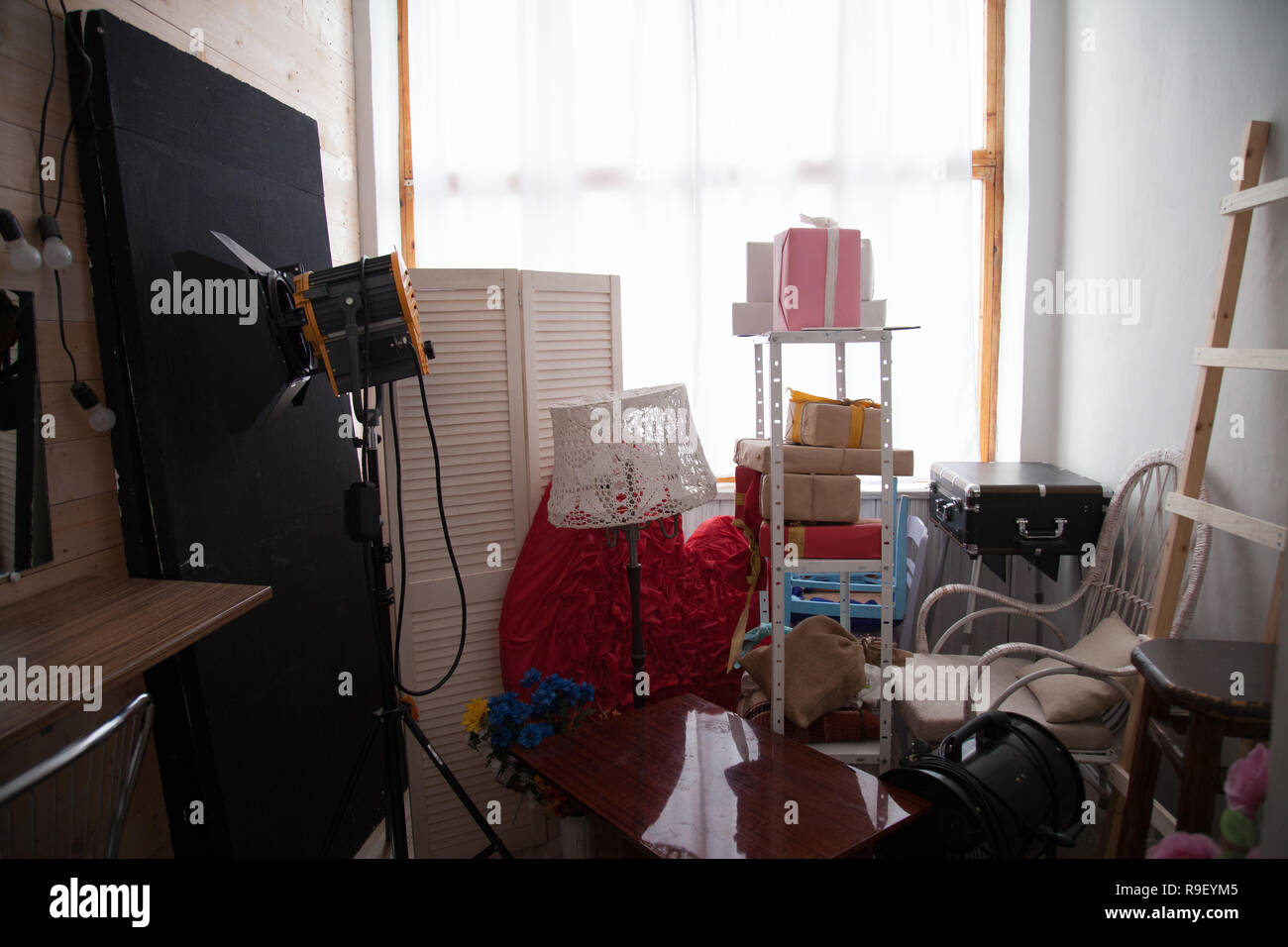 warehouse for old things things ladder shelf light Stock Photo - Alamy