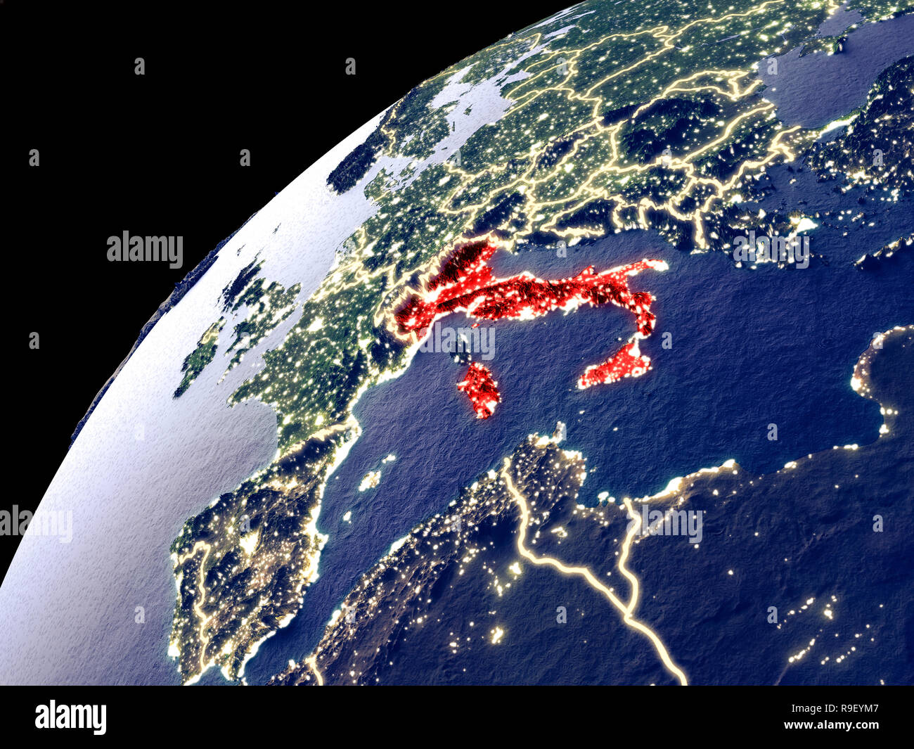 Satellite view of Italy on Earth with city lights. Extremely detailed ...