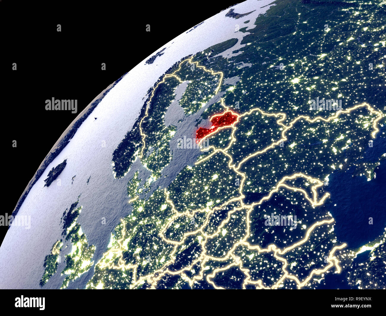 Satellite view of Latvia on Earth with city lights. Extremely detailed ...