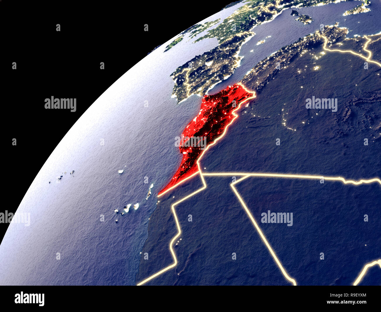Satellite view of Morocco on Earth with city lights. Extremely detailed ...